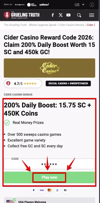 Cider Casino Reward Code 2026 | 200% Daily Boost Worth 15 SC!